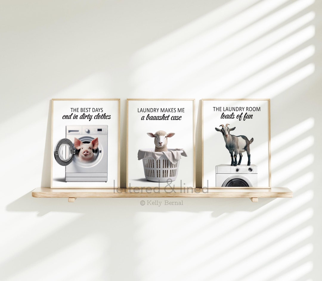 Laundry Wall Art Funny Animals Set 3 Pig Sheep Goat Washing Machine ...