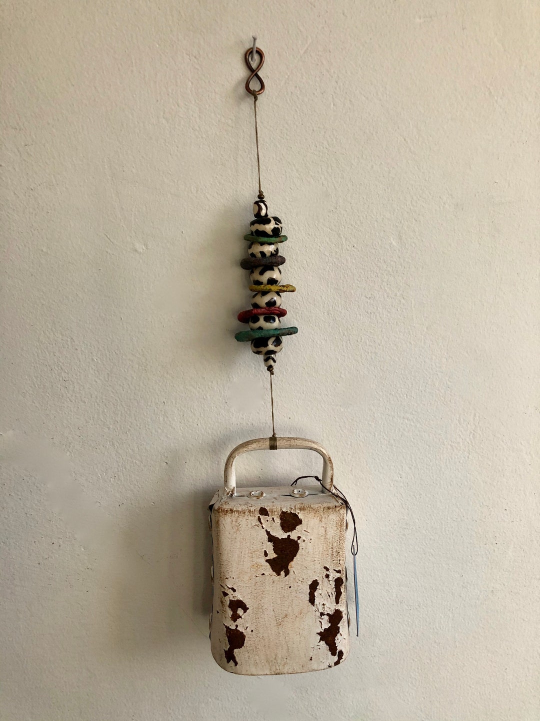 Rustic White Bell, Hanging Bell, Clay Beads, Rainbow Colors, Batik Bone ...