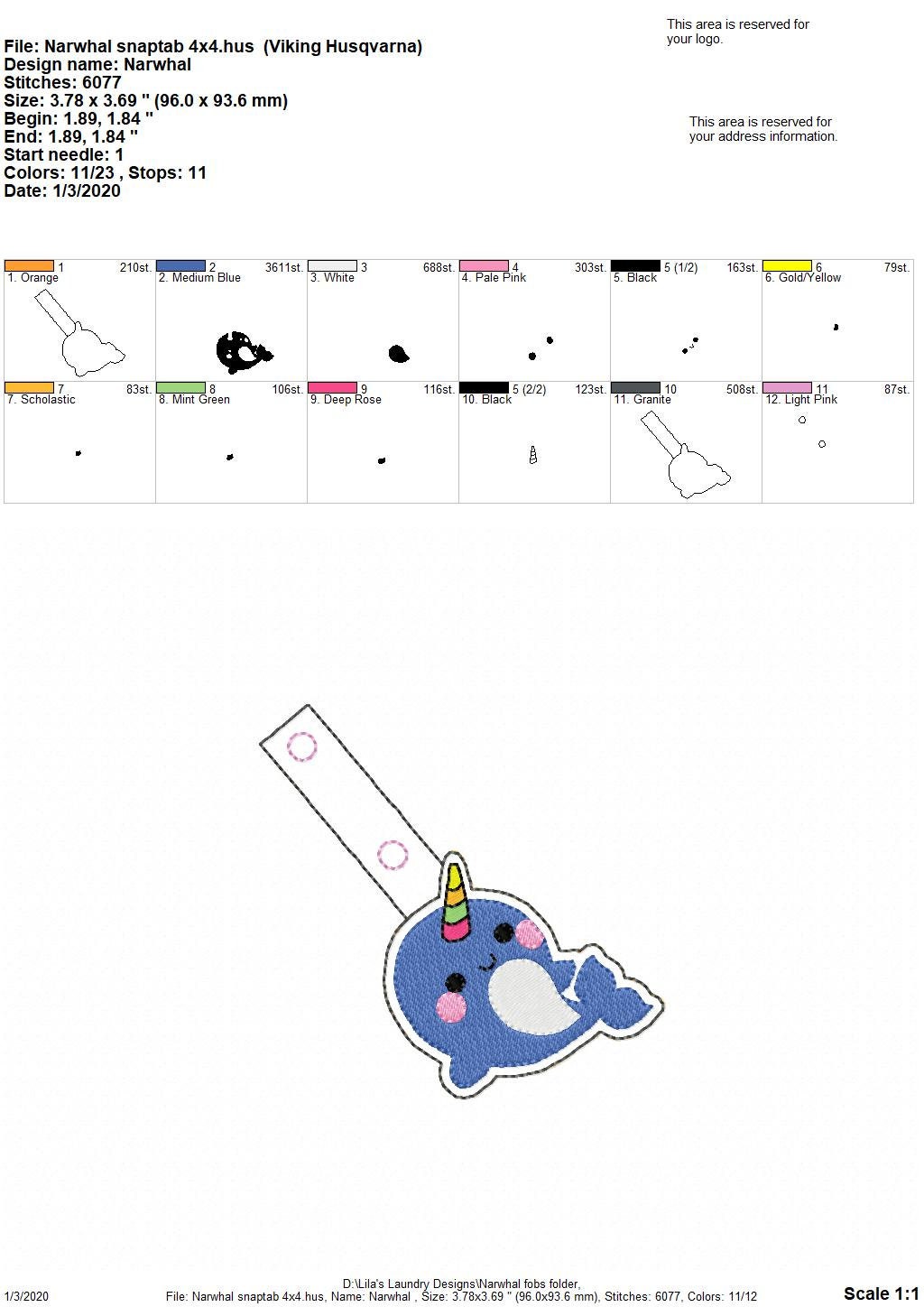 ITH Narwhal Snap Tab & Eyelet Fob 4x4 and 5x7 Included | Etsy