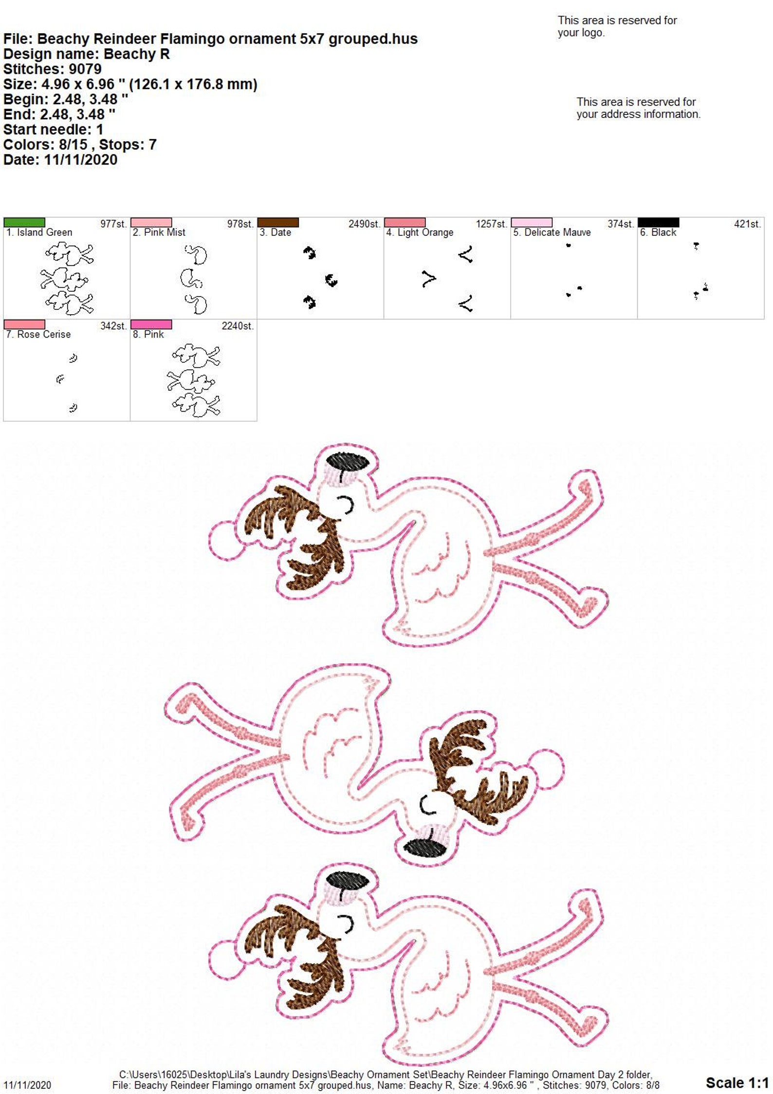 Beachy Reindeer Flamingo Ornament Embroidery Design | Etsy