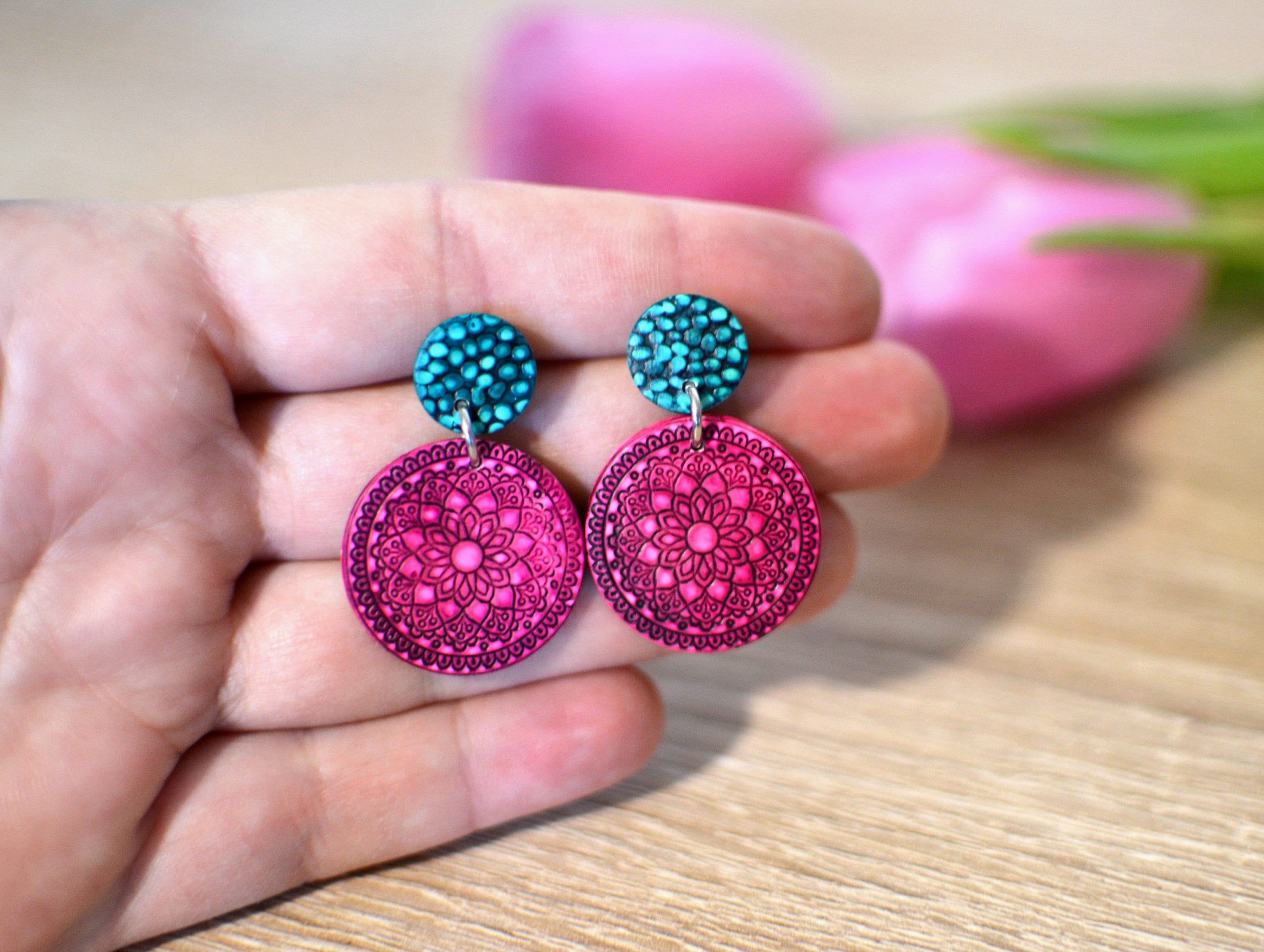 Magenta Turquoise Dangle Earrings, Mandala Dangle Earrings, Mandala ...