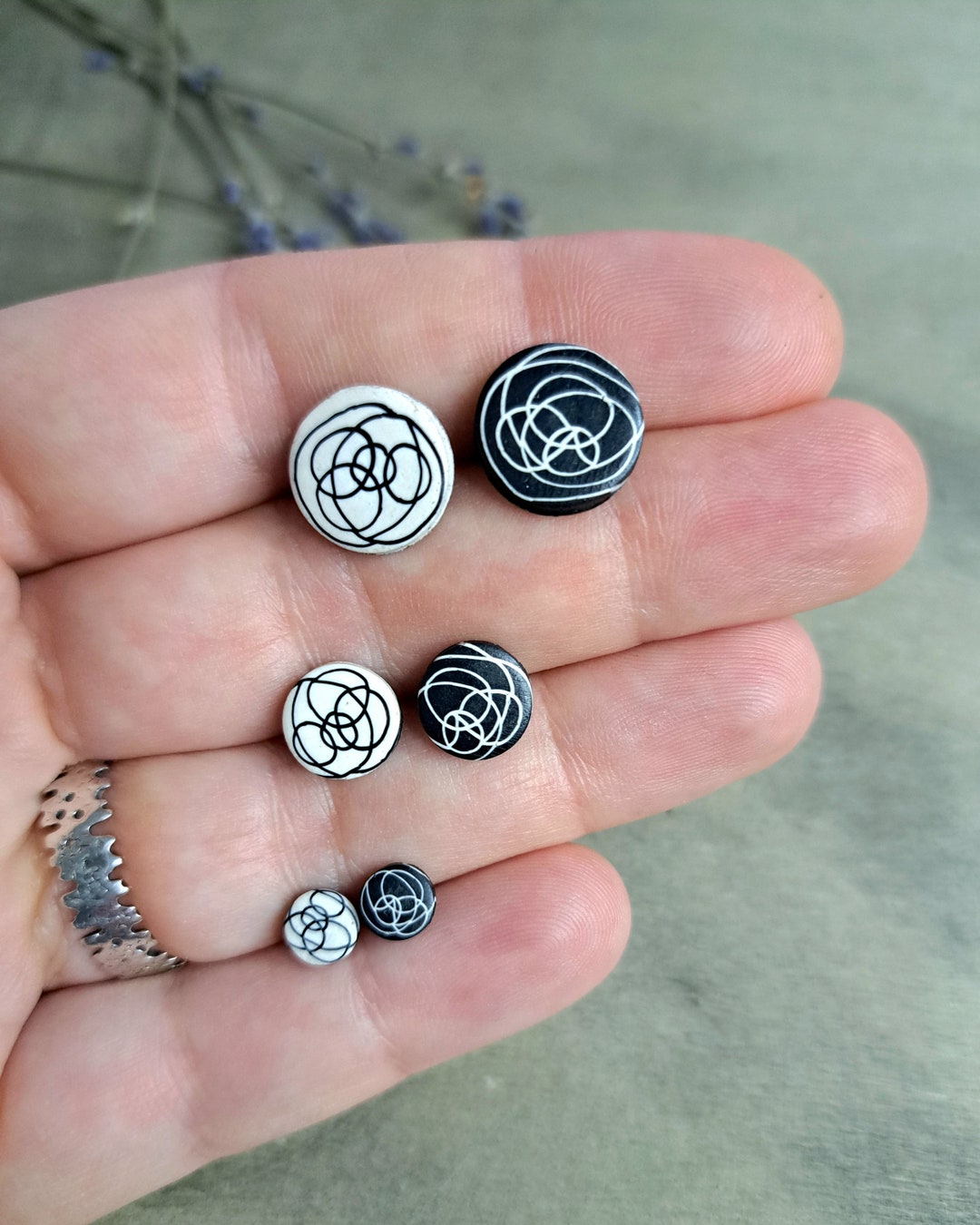 Round Studs, Black and White Studs, Unisex Earrings, Minimalistic Studs, Everyday Studs ...