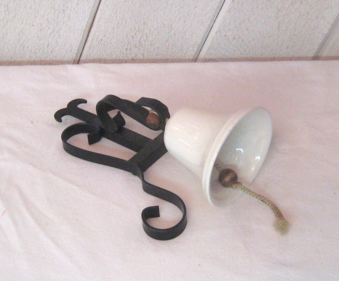Vintage White Ceramic Bell on Black Wrought Iron, Decorative Curvy ...