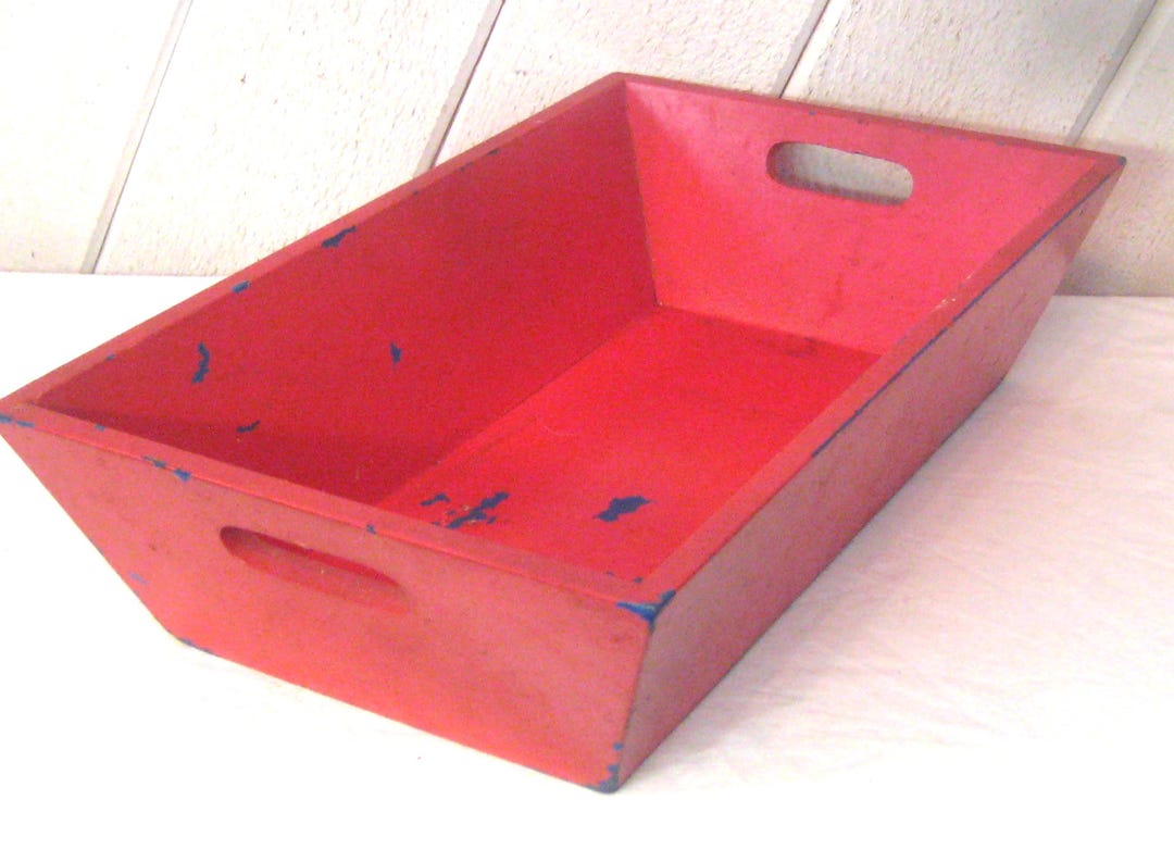 Vintage Red Wood Box Tray, High Sides With Handles, Rustic Distressed ...