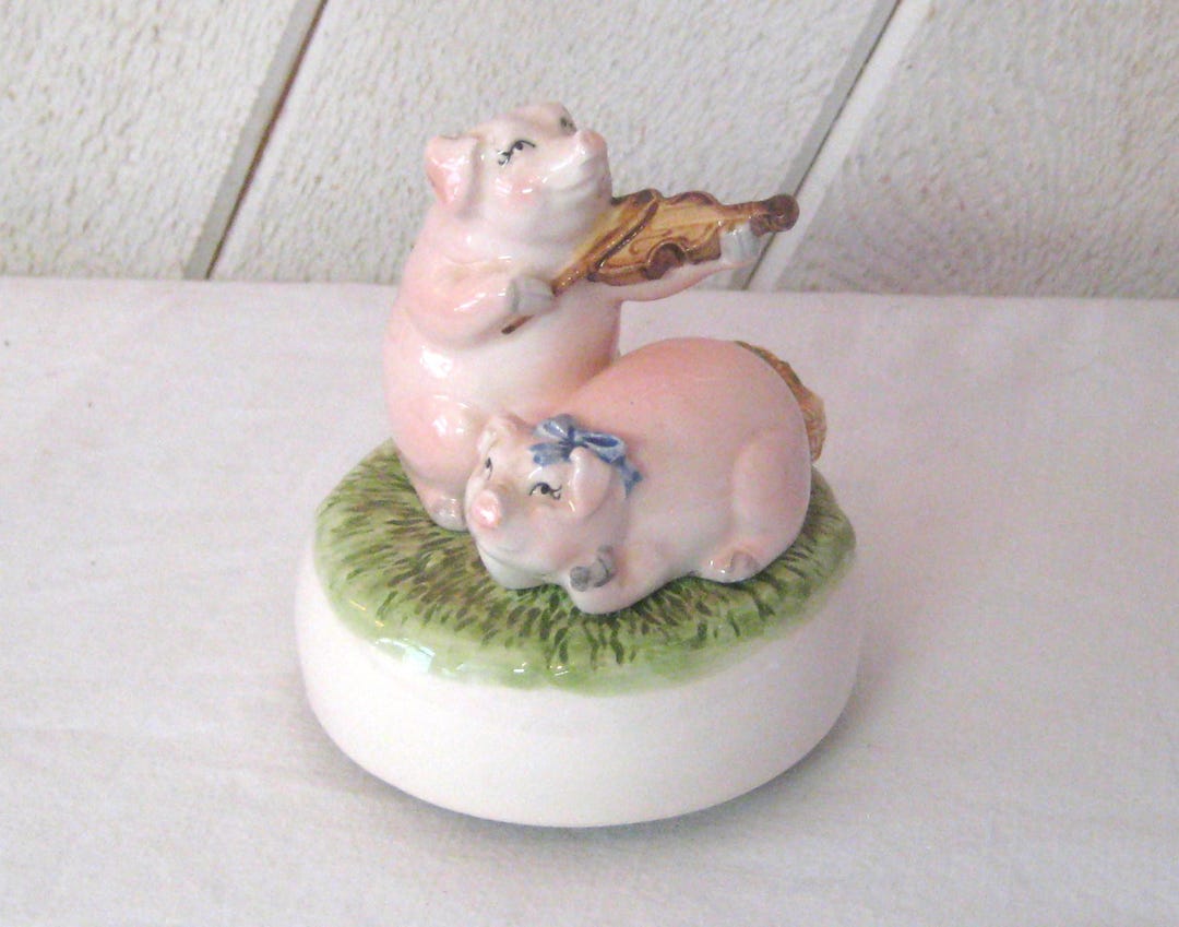 Vintage Ceramic Rotating Musical Pair of Pigs With Violin, Music Box ...