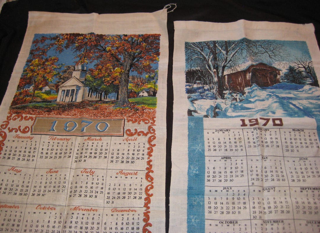 Vintage 1970 Calendar Towel, ONE ONLY, Church in Fall, Covered Bridge ...