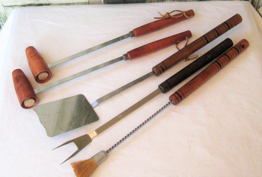 Vintage BBQ Grill Utensils, Long Wood Handles, Salt Pepper Spatula ...