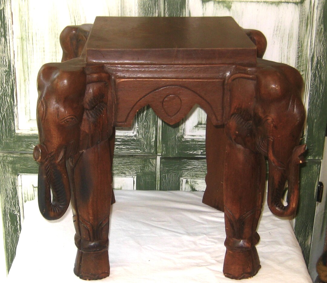 Antique Elephant End Table Plant Stand, Hand Carved Single Piece of ...