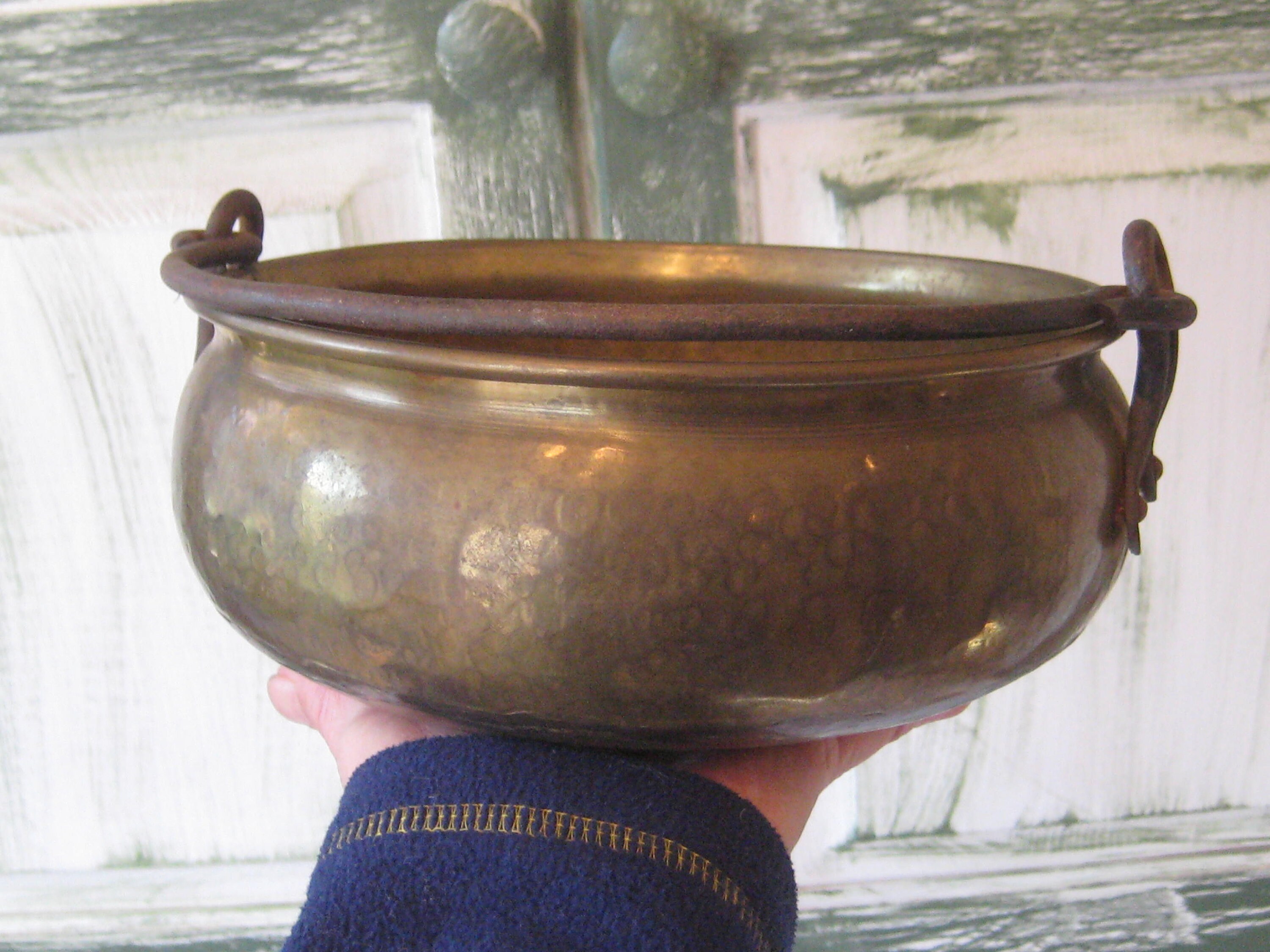 Antique Hammered Brass Indoor Planter, Metal Pot With Folding Center ...