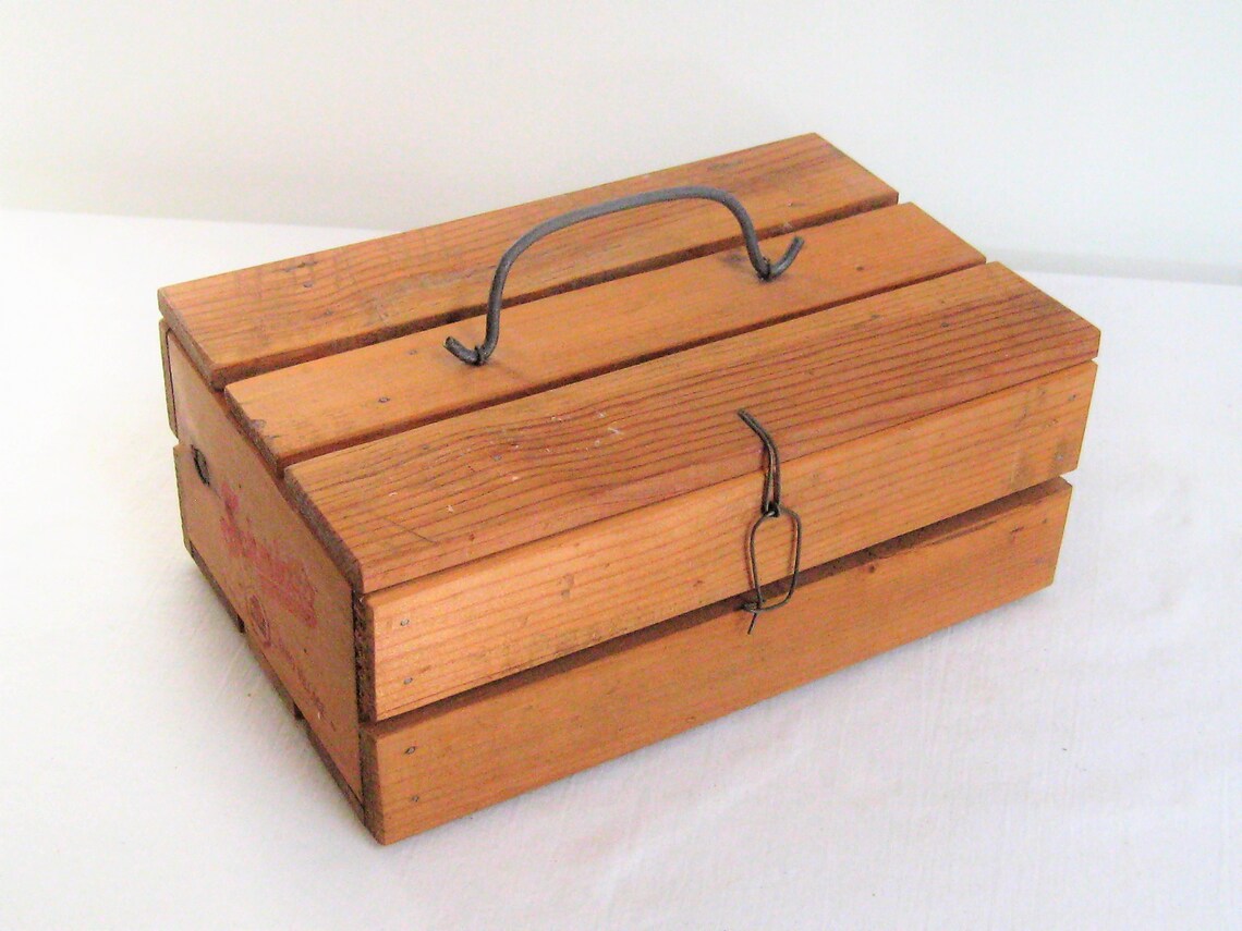 Wood Slat Box With Hinged Lid Wire Top Handle Latch Wooden | Etsy