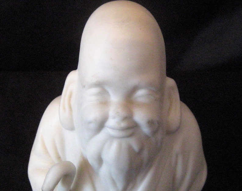 White Ceramic Buddha Statue Old Asian Bald Man With Cane - Etsy