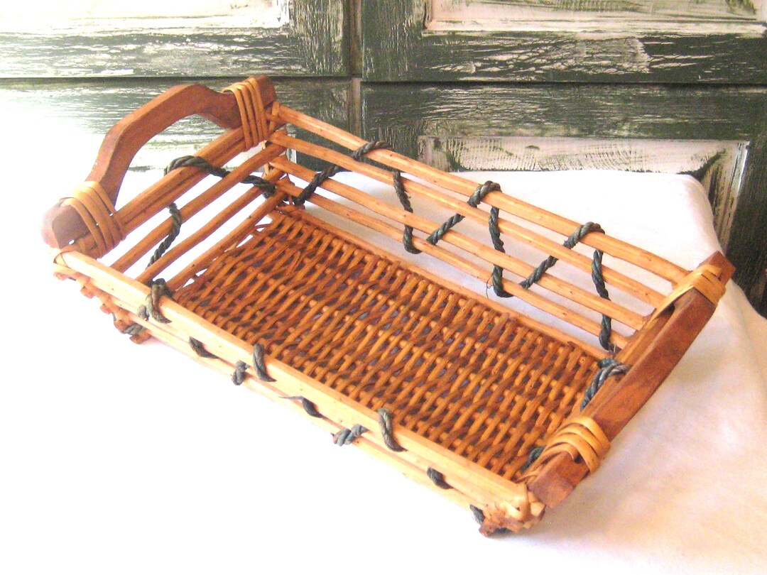 Vintage Wood Wicker Basket, Large Bread Serving Basket Centerpiece ...