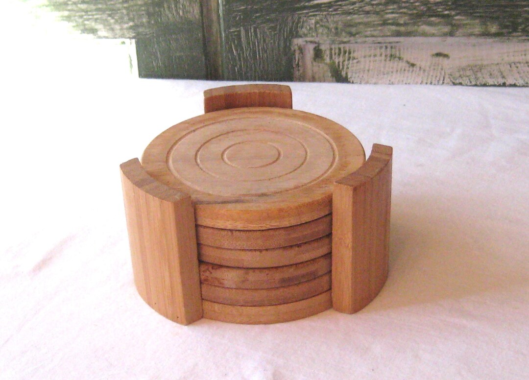 Vintage Wood Coaster Set, Five Stacking Coasters Solid Blonde Beige ...