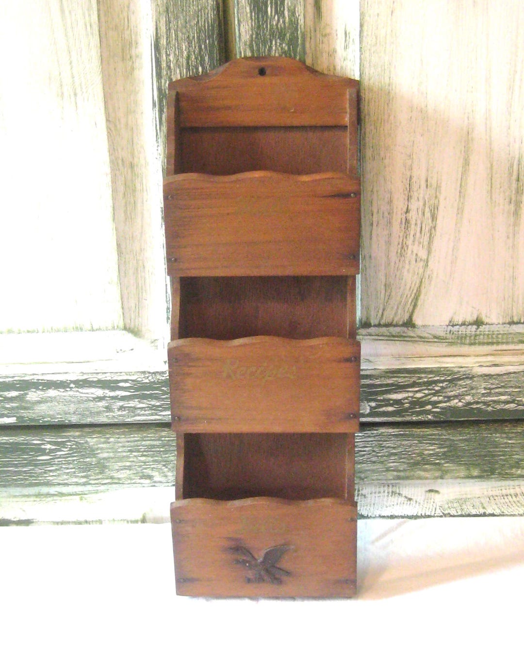 Antique Brown Wood Wall Letter Holder, Memo Recipes Bills Mail, Rustic ...