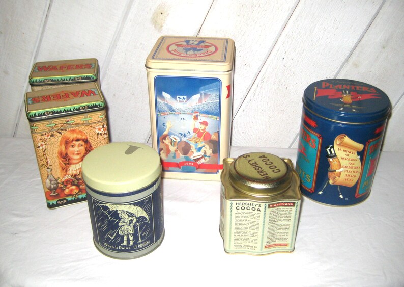 Vintage Food Tins, Ginger Wafers, Cracker Jack, Planter Peanuts, Morton ...
