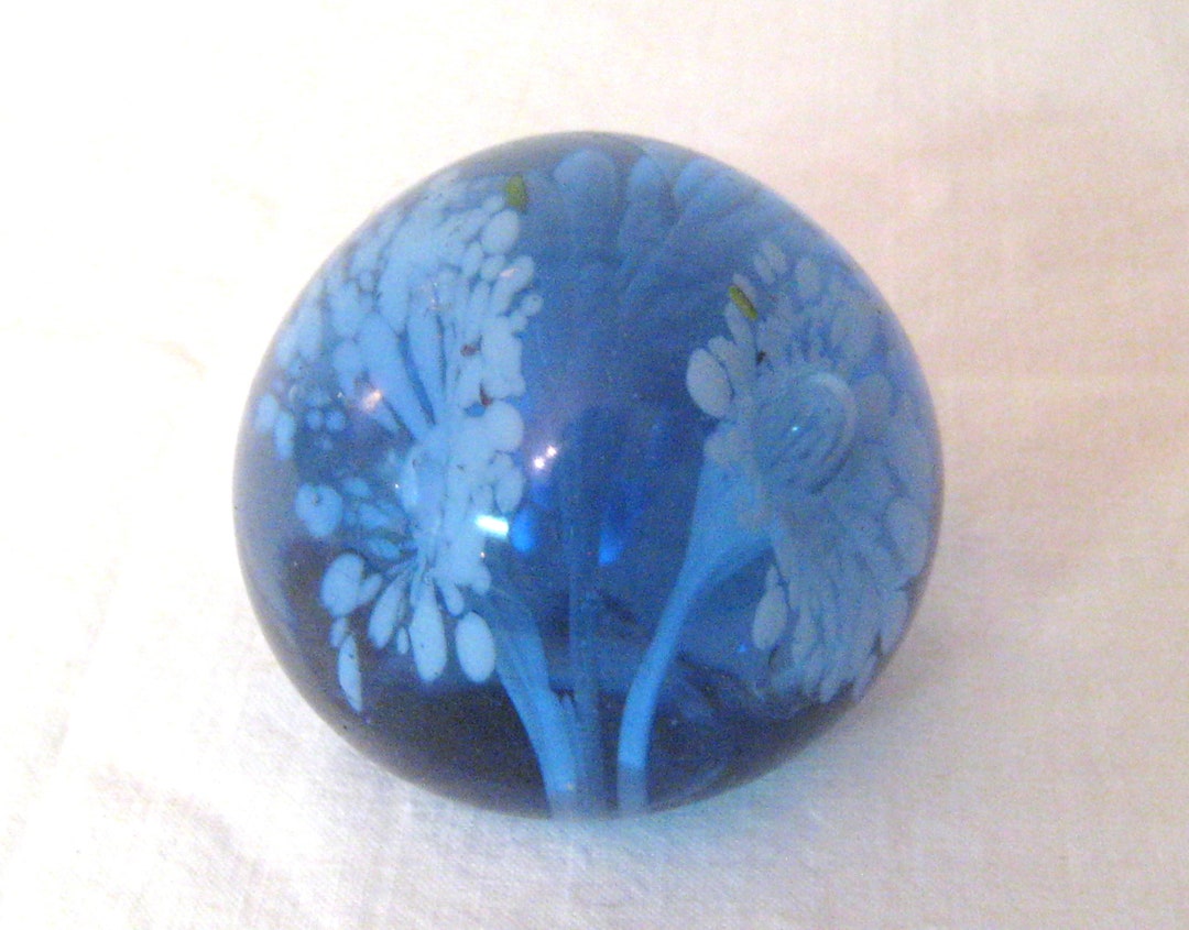 Vintage Blue Glass Paperweight, Round Sphere, Flowers Inside, Vintage ...