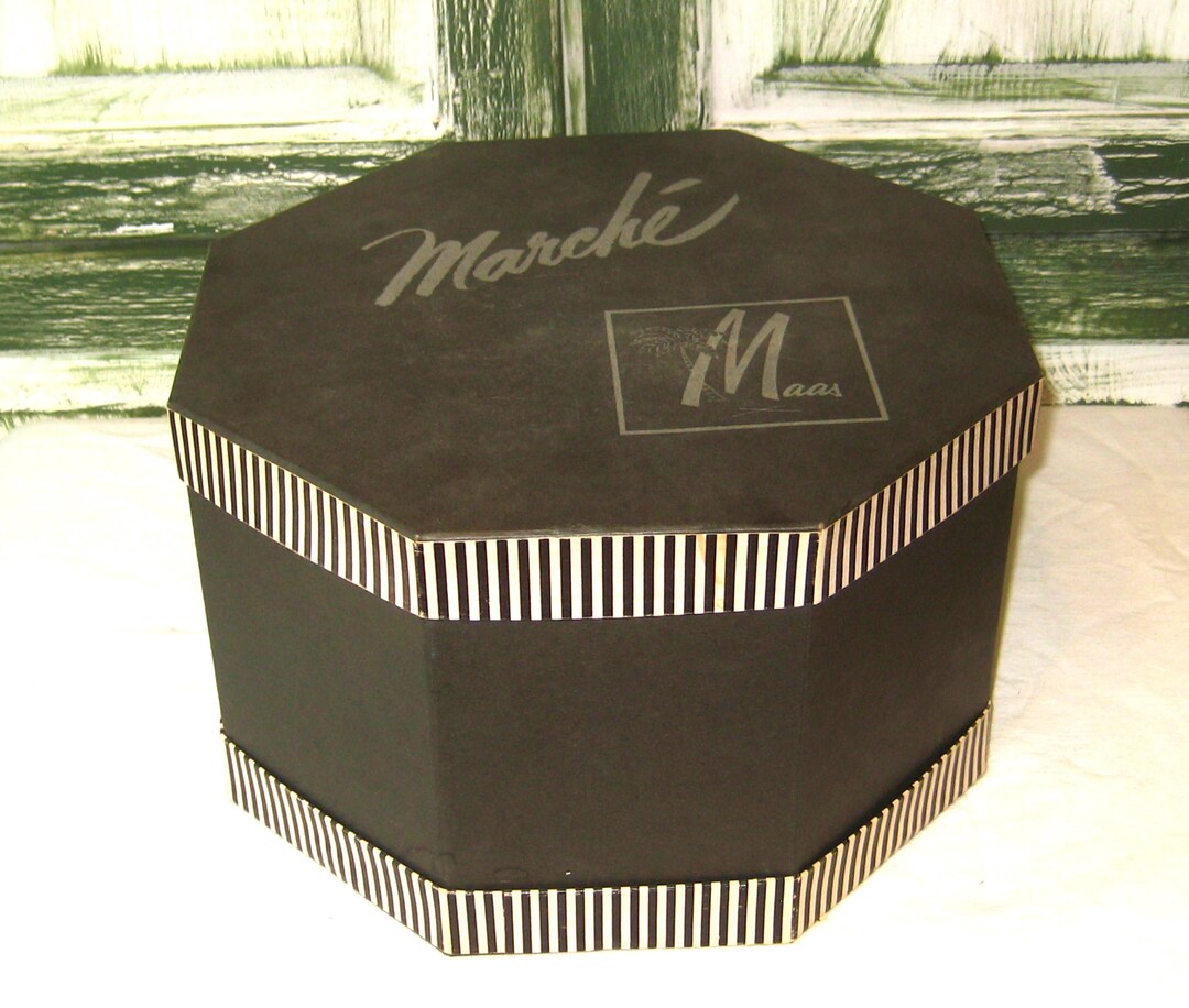 Vintage Hat Box, Black Stripes Dark Gray, Marche' Maas Octagon Hat Box ...