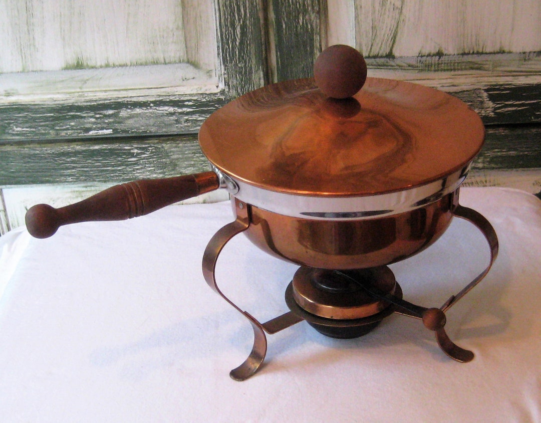Antique Copper Aluminum Pan Over Sterno Container, Ornate Wood Handles ...