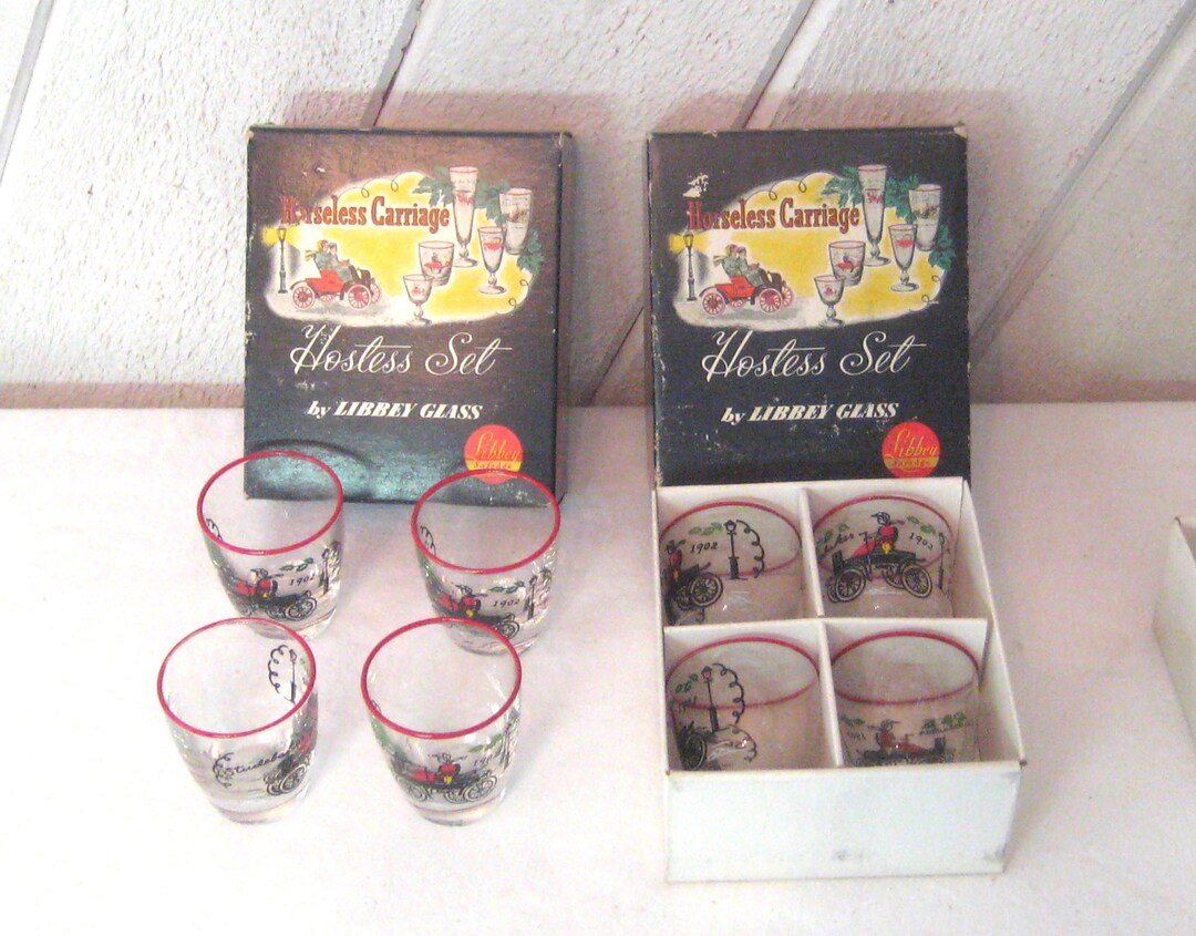 Antique Shot Glass Set of Four, Libbey Horseless Carriage Series, Boxed ...