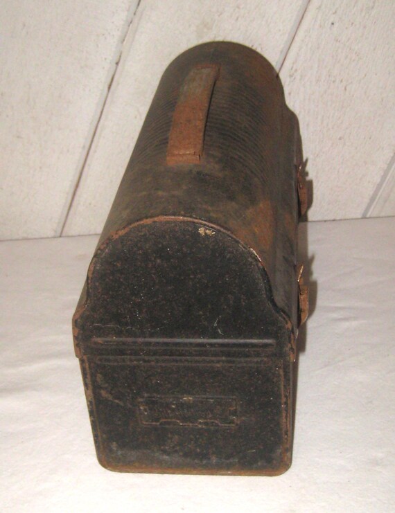 Antique domed black metal lunch box, hinged lid, rust… - Gem