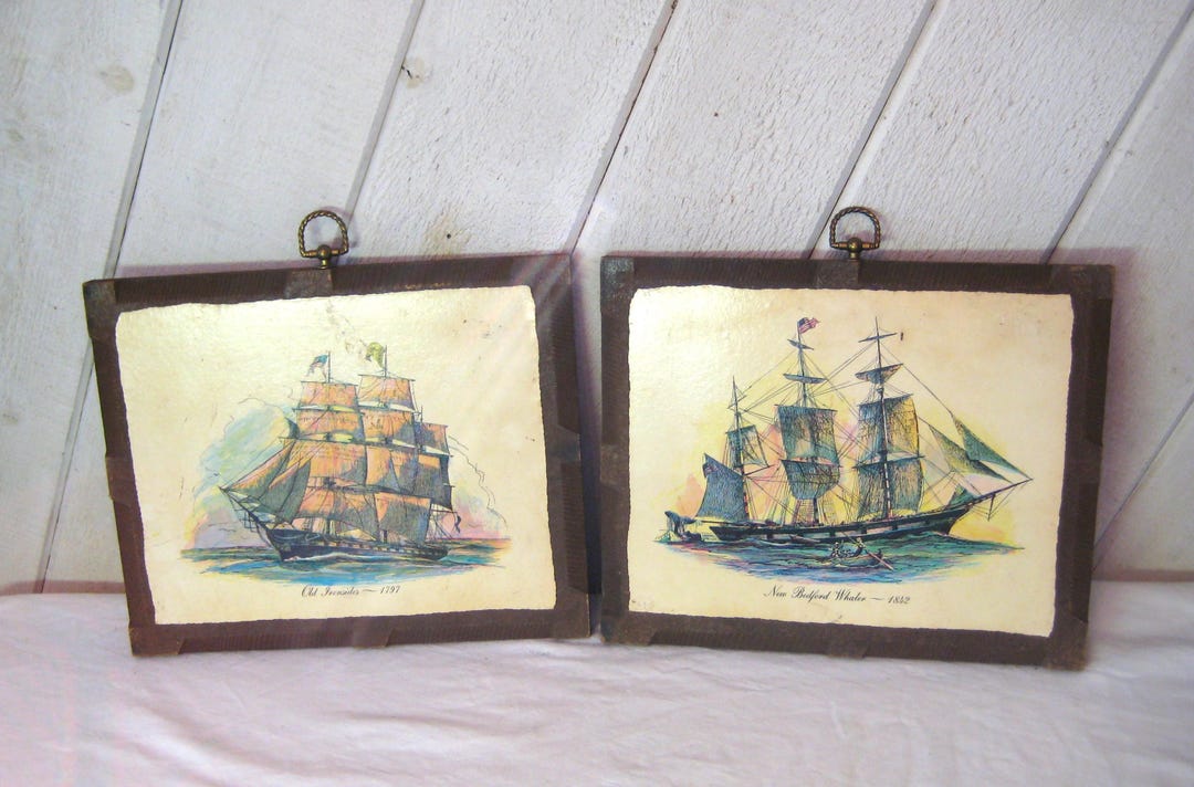 Vintage Pair of Mast Ship Plaques, Wood Decoupaged Paper, New Bedford ...