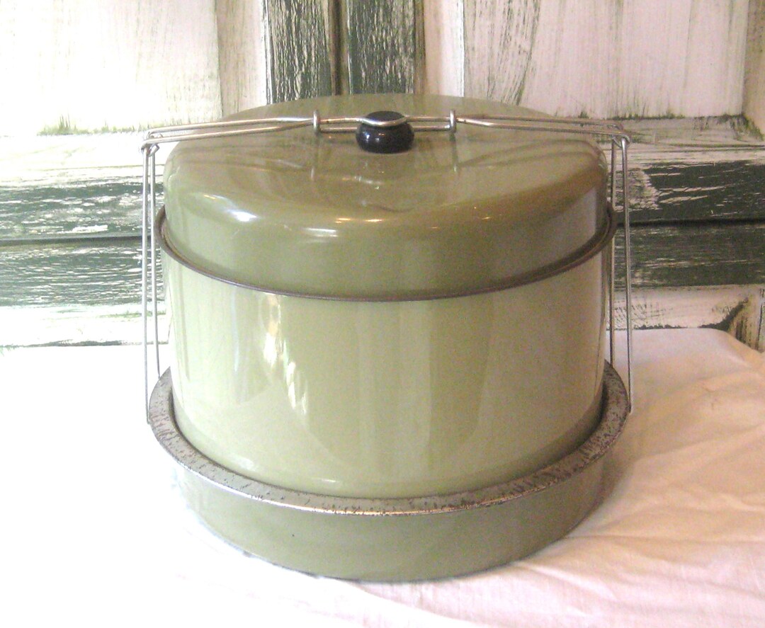 MCM Avocado Green Cake 2 Pie Carrier, Metal Aluminum Cake Stand, Domed ...
