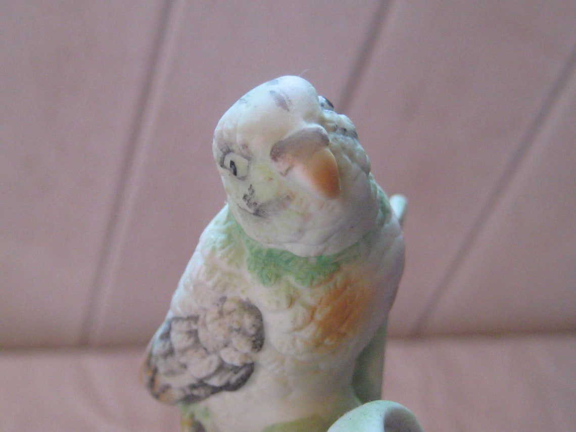Vintage Porcelain Parakeet Statue Pair of Bright Green Exotic | Etsy