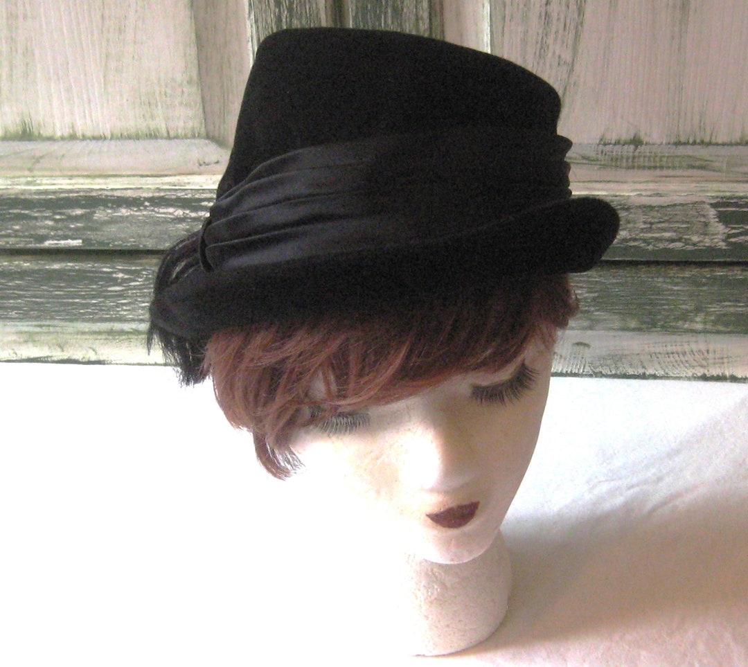 Asymmetrical Black Wool Velvet Hat With Silk Pleated Hat Band, Antique ...
