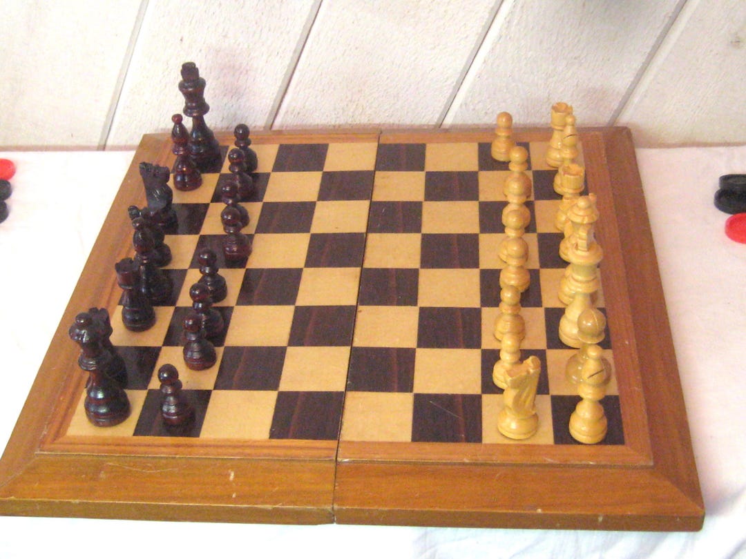 Vintage Wood Chess Set, Plastic Checkers, Brown Beige, 70s 80s, Family ...