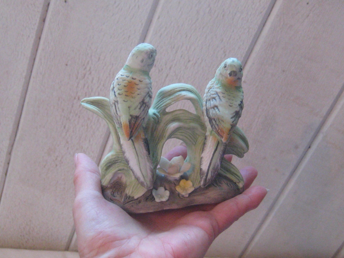 Vintage Porcelain Parakeet Statue Pair of Bright Green Exotic | Etsy