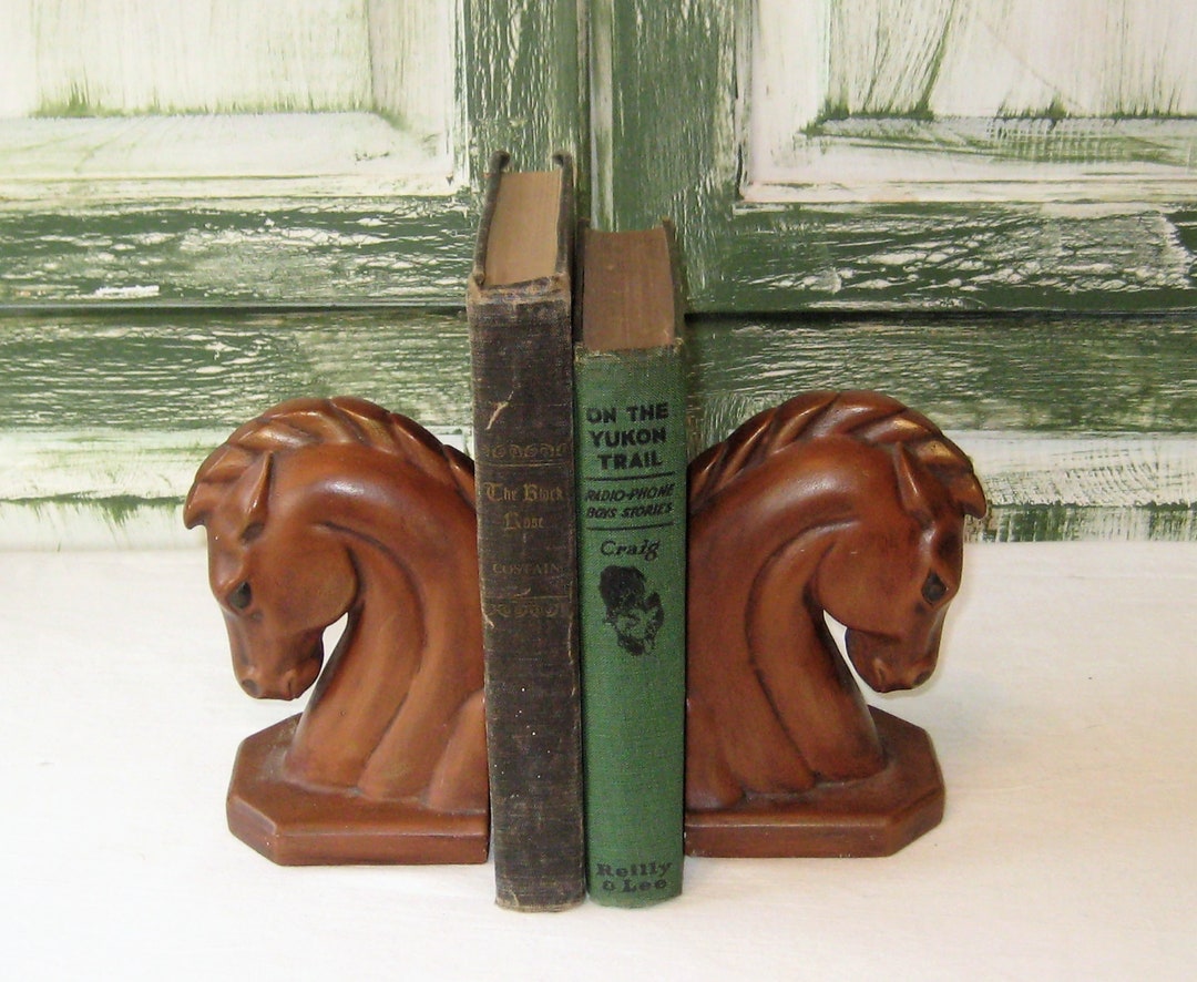 Vintage Plaster Horse Head Bookends, Faux Wood, Heavy Mid Century ...