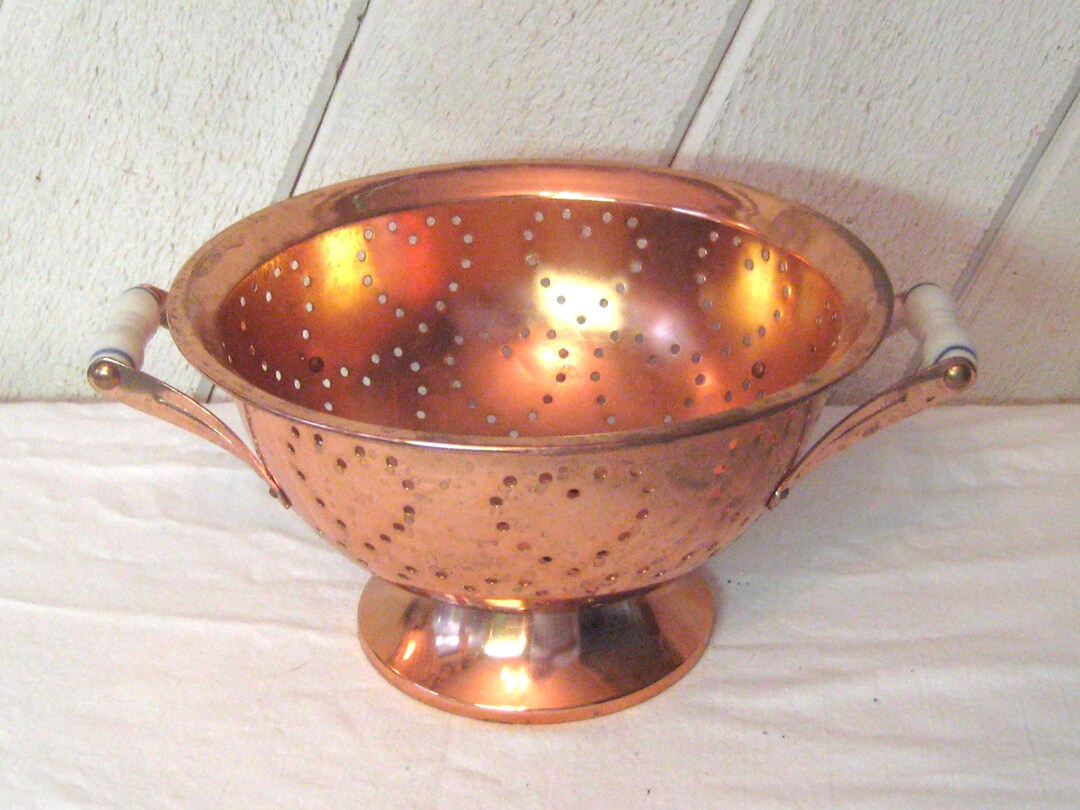 Vintage Copper Colander, Metal Strainer, White Cobalt Blue Ceramic ...