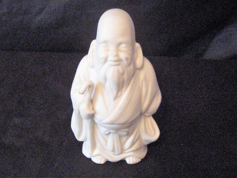 White Ceramic Buddha Statue Old Asian Bald Man With Cane - Etsy