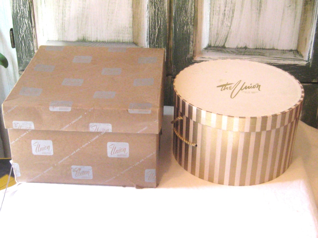 Vintage Union Hat Box, Two Hatboxes, Round Square Cardboard, Gold Beige Striped, MCM Mid Century ...