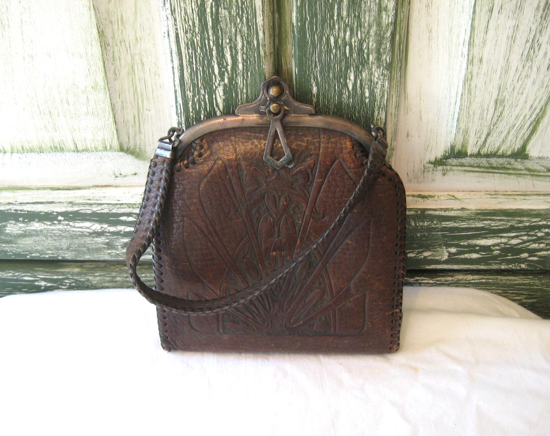 Antique Tooled Leather Top Handle Bag, Petite Brown Leather Purse, Hand ...