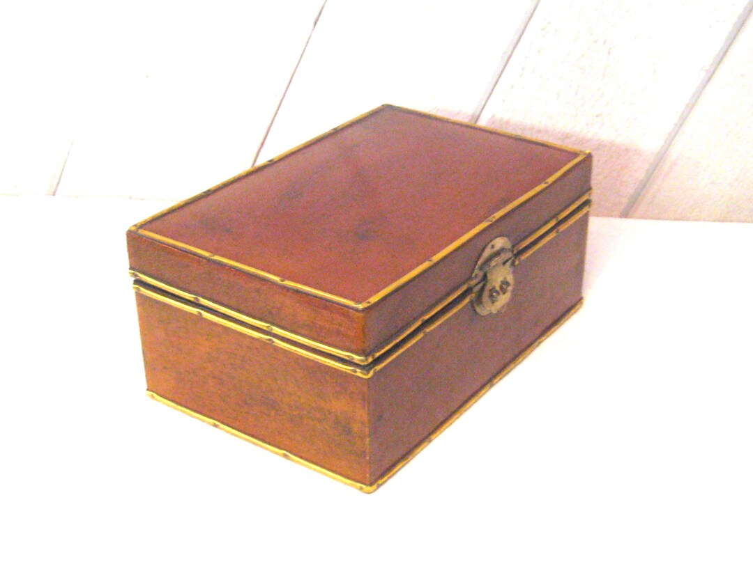 Decorative Wood Box, Vintage Asian Box, Hinged Lid, Brown Faux Leather ...