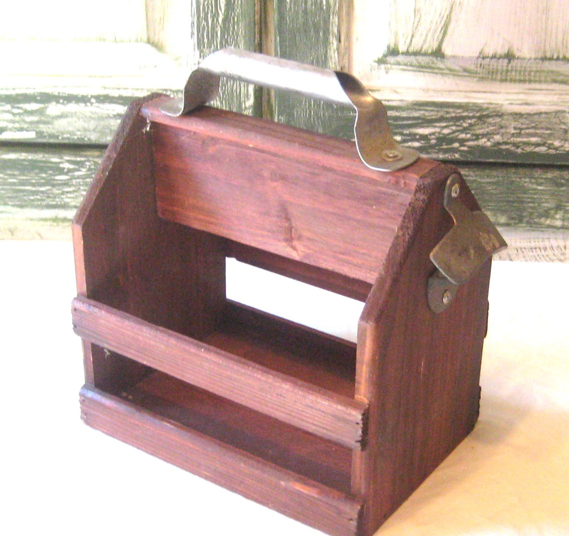Vintage Wooden Caddy With Bottle Opener, Brown Wood Beverage Caddy, Man ...