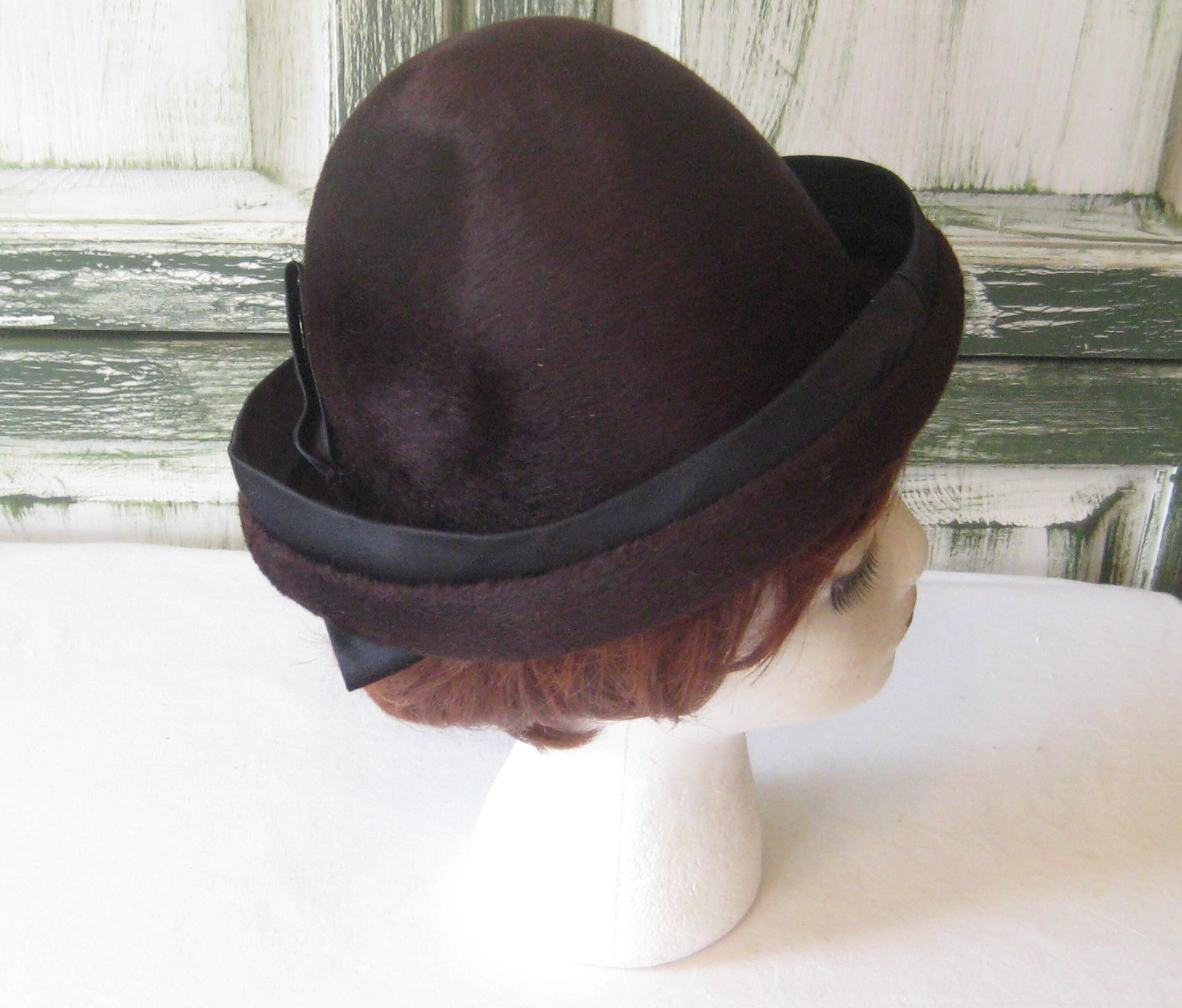 Vintage Beehive Hat, Turned up Brim, High Crown Hat, Brown Faux Fur Hat ...