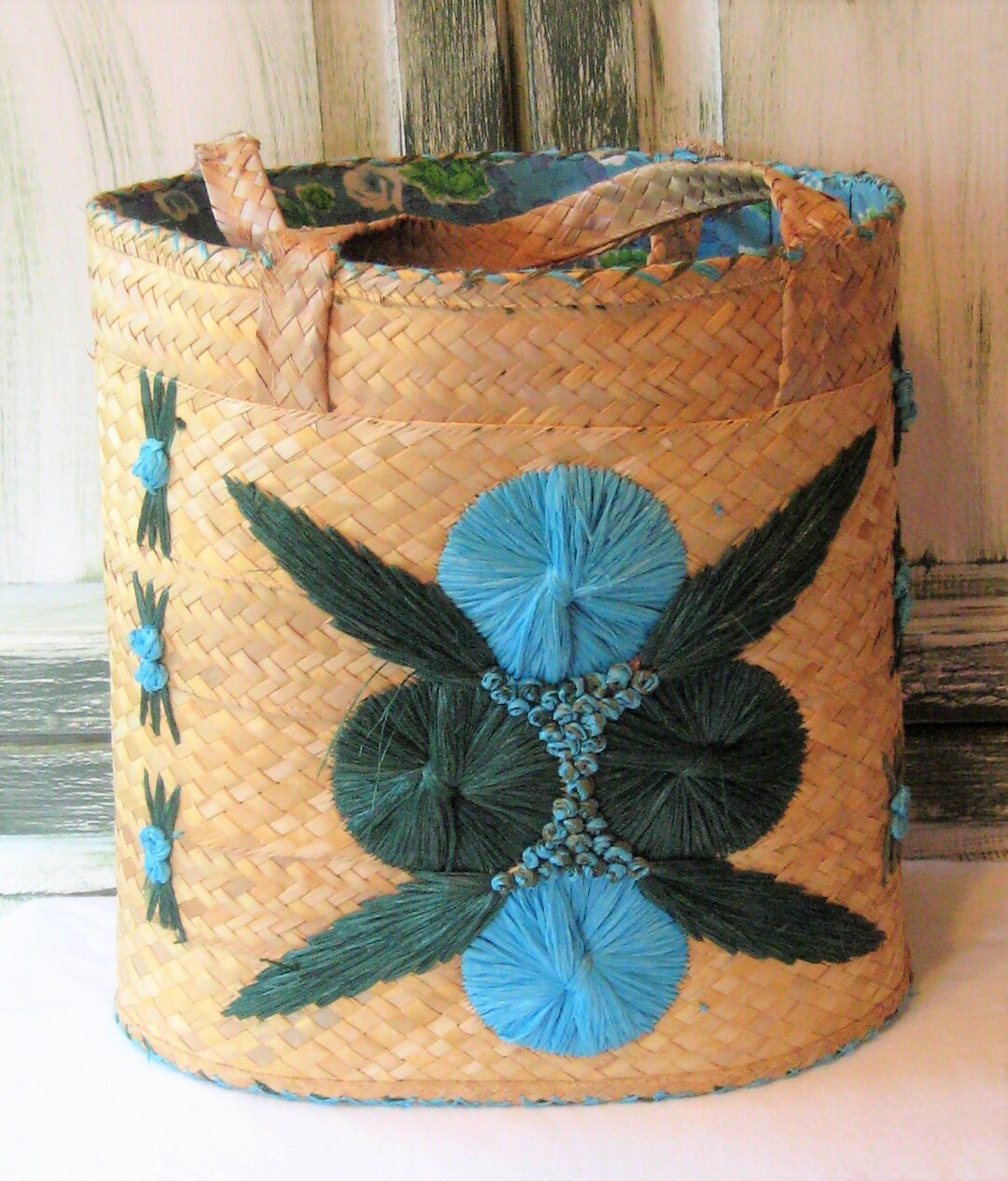 Vintage Large Wood Raffia Basket, Turquoise Dark Green Beige, Thin ...