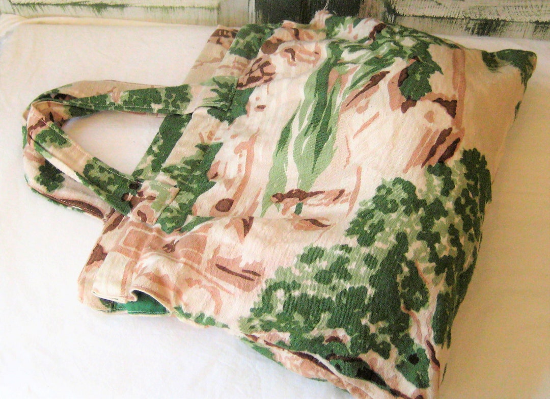 Vintage Barkcloth Tote, Fabric Sewing Knitting Bag, Top Handle Purse ...