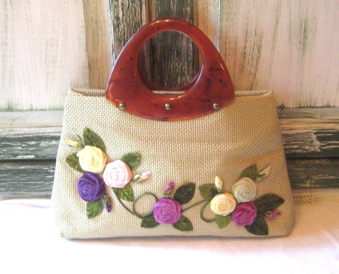 Vintage Top Handle Bag, Plastic Brown Tortoise Shell Handles, 3D Velvet ...