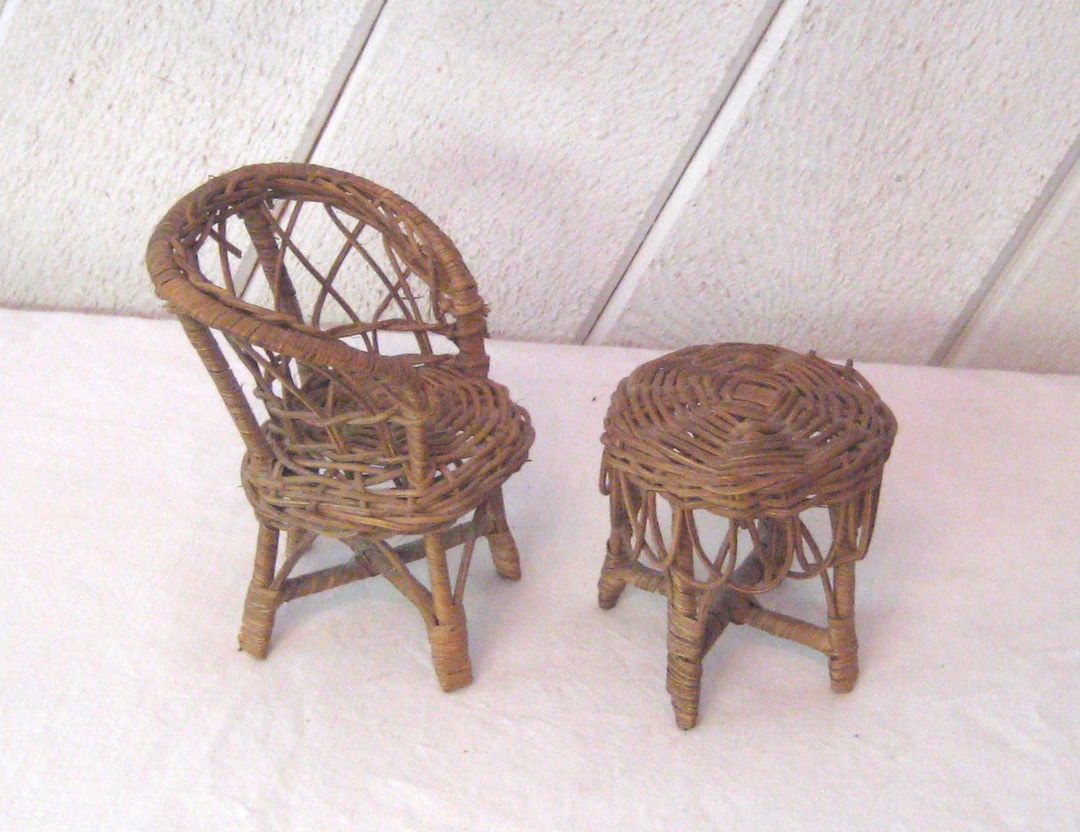 Vintage Miniature Wicker Chair and Ottoman Stool, Doll Chair, Mid ...