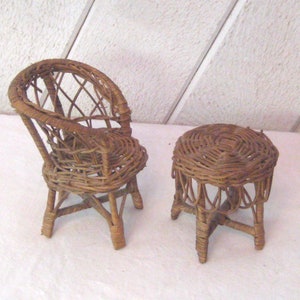 Vintage Miniature Wicker Chair and Ottoman Stool, Doll Chair, Mid ...