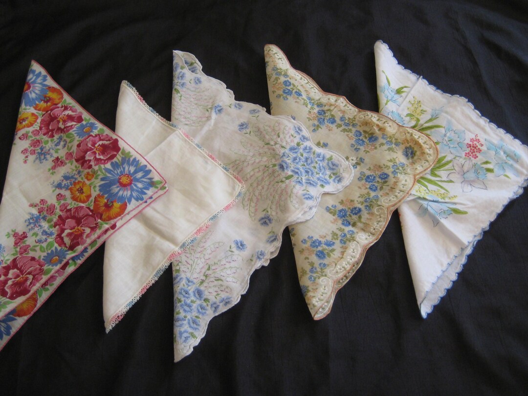 Collection of 5 Women's Handkerchiefs, Pale Blue Daffodils Cabbage ...