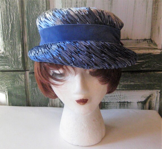 Vintage royal blue and silver summer hat, large fake … - Gem