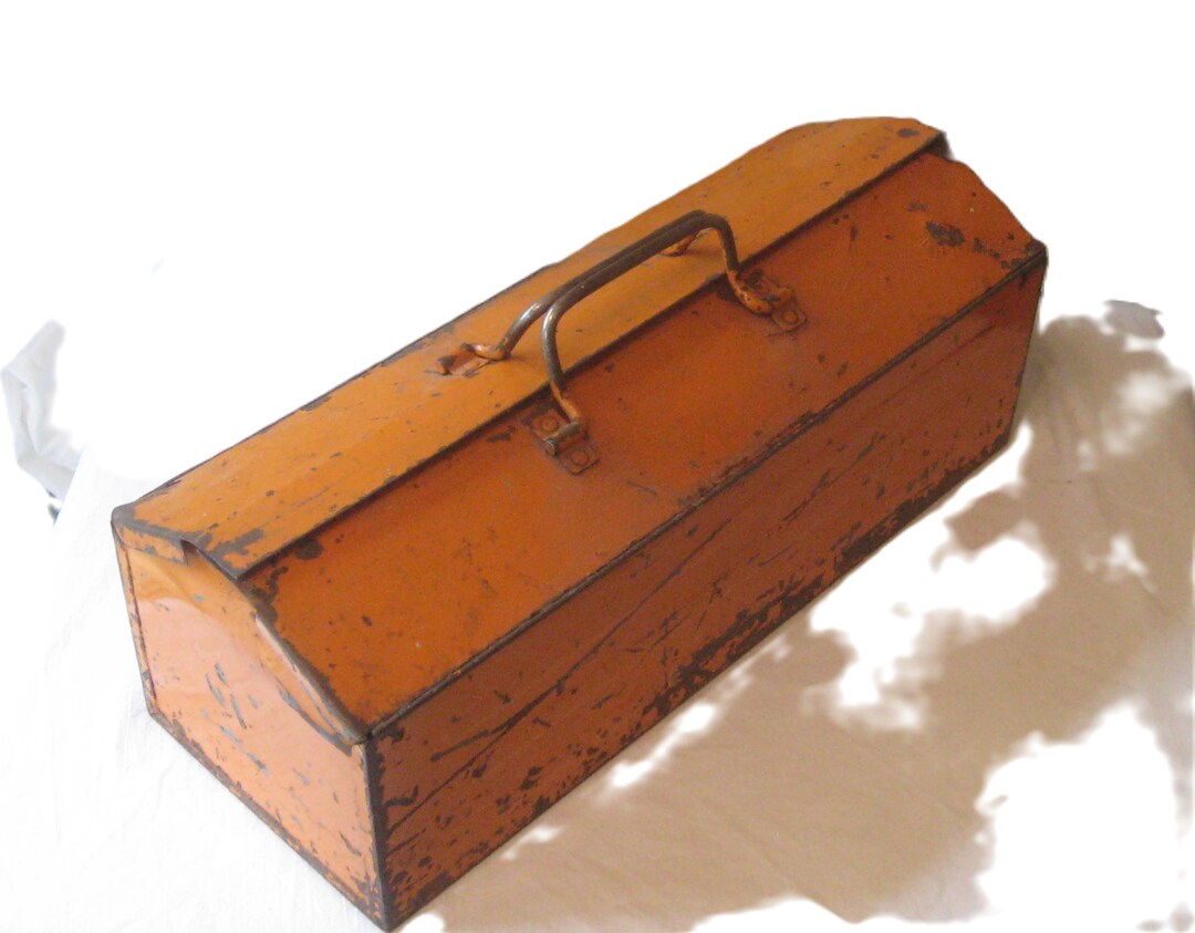 Antique Orange Tool Box, Heavy Metal Tool Box Hinged Lid, Mid Century ...