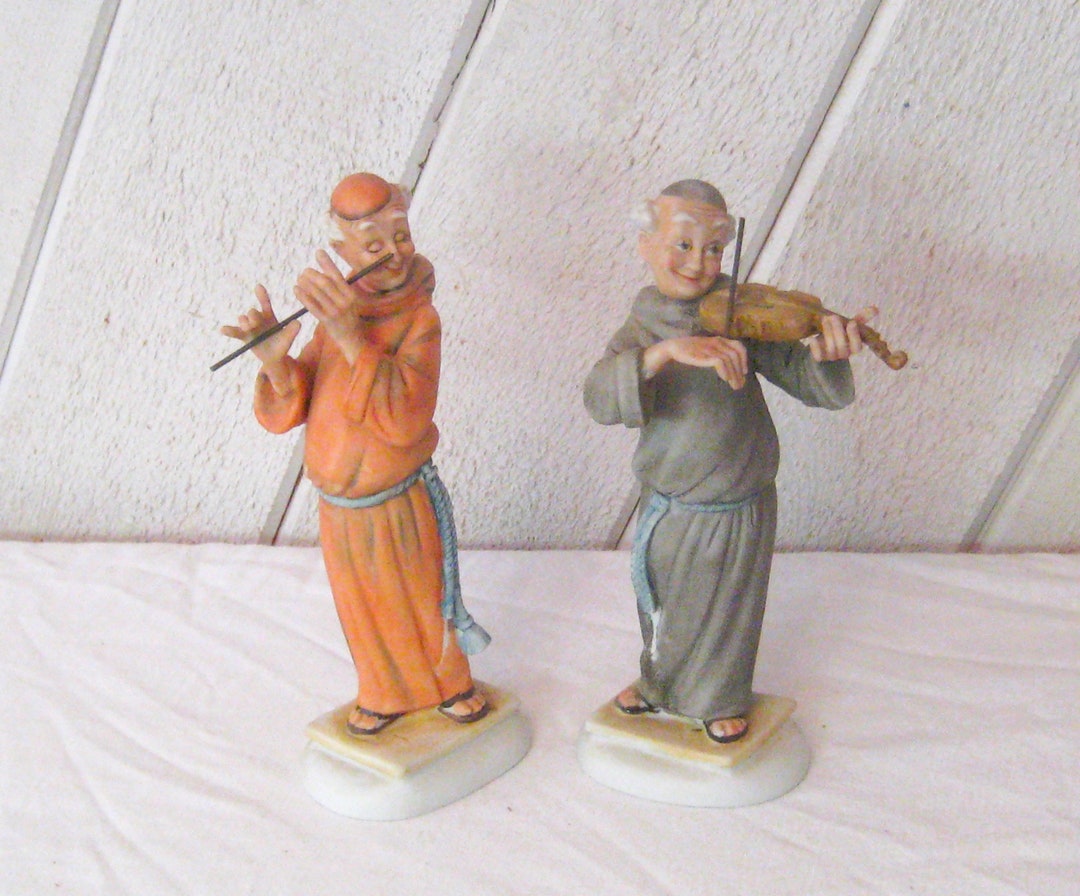 Vintage Musical Monk Figurines Playing Flute Violin, Lefton China, Mid ...