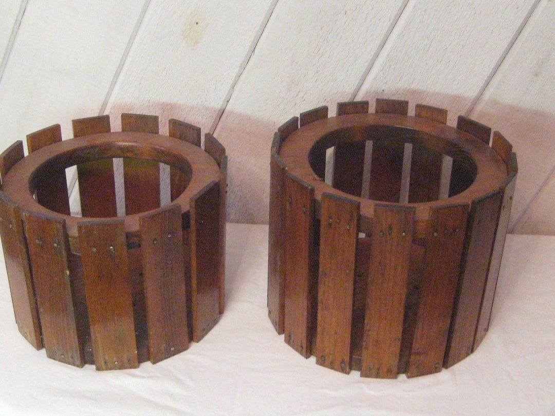Pair of MCM Wood Slat Indoor Planters, Barrel Shaped Mid Century Modern ...