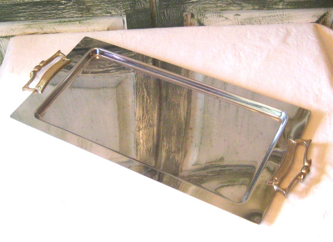 Vintage Silver Tone MCM Rectangle Tray With Brass Handles, Kromex Made ...
