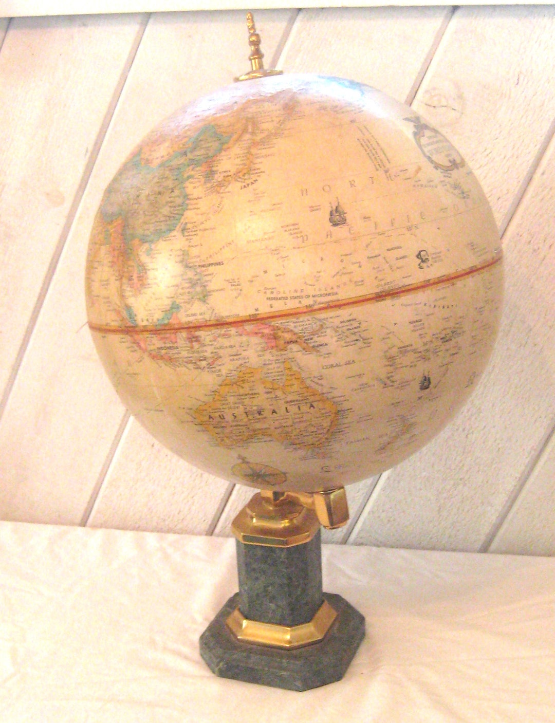 Vintage World Globe, Replogle Globes, Made in USA, Ornate Brass Stand ...